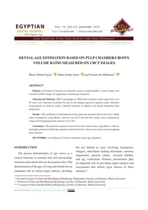 Pdf Dental Age Estimation Based On Pulp Chamber Crown Volume Ratio Measured On Cbct Images