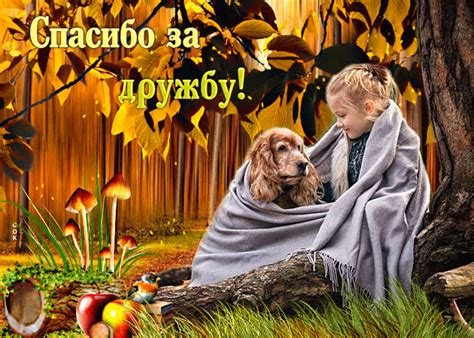 Позитивная открытка с девочкой и собакой Спасибо за дружбу Скачать