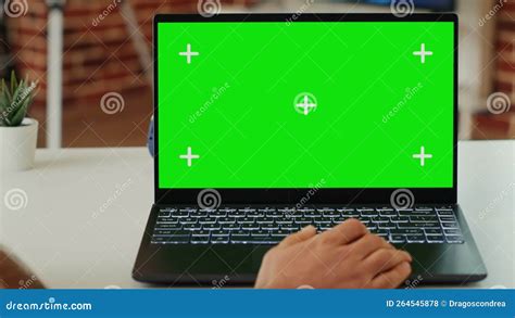 Young Adult Analyzing Greenscreen Display On Personal Computer Stock