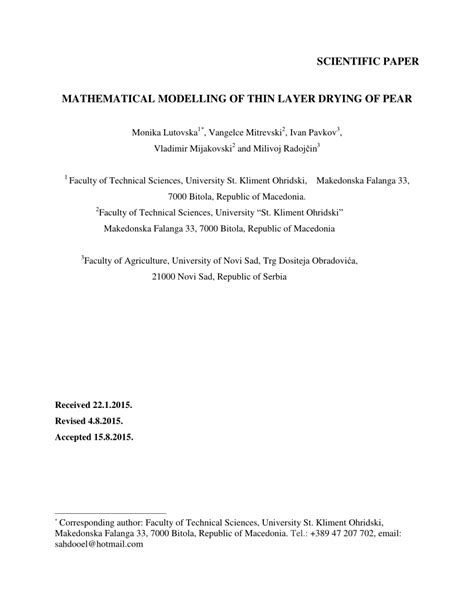 Pdf Mathematical Modelling Of Thin Layer Drying Of Pear