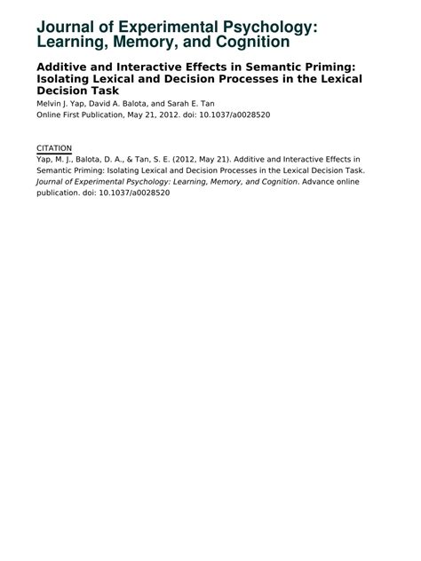 Pdf Additive And Interactive Effects In Semantic Priming Isolating Lexical And Decision