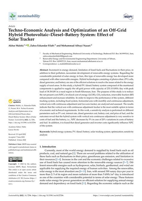 Pdf Techno Economic Analysis And Optimization Of An Off Grid Hybrid