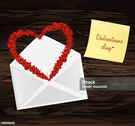 심장의 모양에 다 색된 색종이 봉투에서 난다 노란색 메모 종이의 시트입니다 스티커입니다 인사말 카드 또는 휴가에 초대 성 발렌타인의 날입니다 나무 배경 벡터 개념에 대한