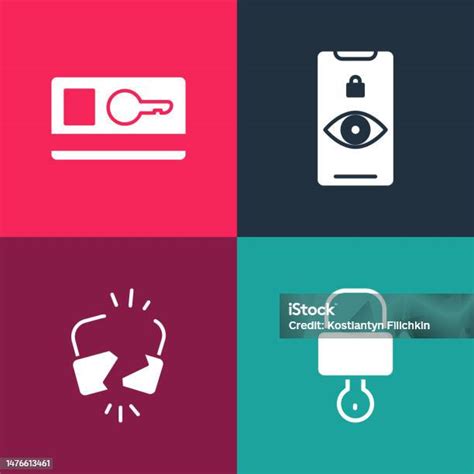 Set Pop Art Lock And Key Broken Or Cracked Lock Eye Scan And Key Card Icon Vector Stock