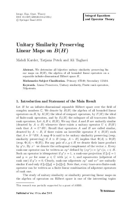 Pdf Unitary Similarity Preserving Linear Maps On Bh
