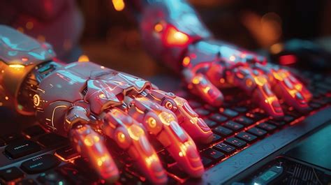 Robotic Hands Typing On A Keyboard In A Dark Futuristic Setting Premium Ai Generated Image