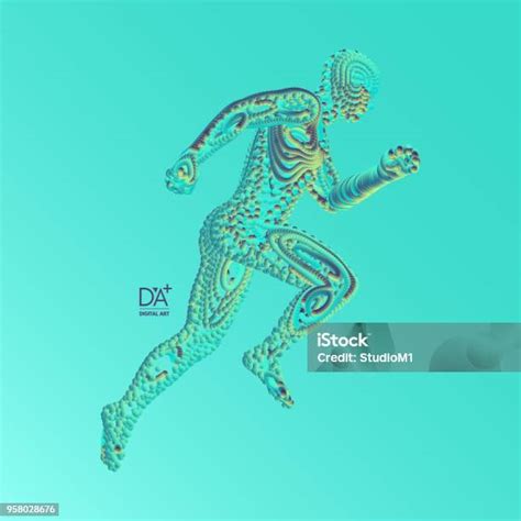 남자를 실행합니다 마라톤 및 조깅의 상징 남자의 3 차원 모델입니다 벡터 일러스트입니다 와이어 연결 가상 현실입니다 3차원 형태에 대한 스톡 벡터 아트 및 기타 이미지