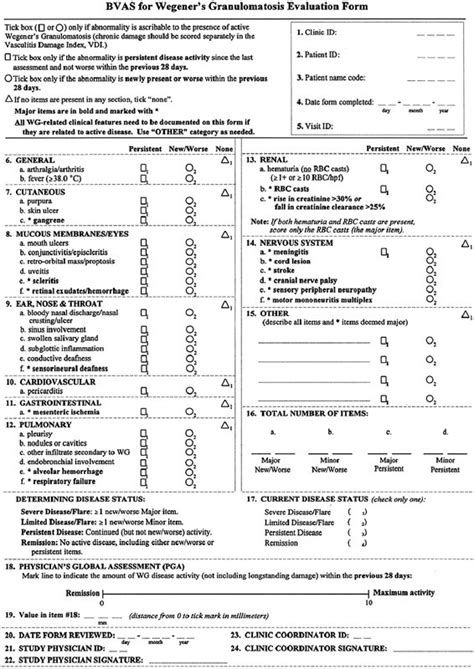 Evaluation Form Of The Birmingham Vasculitis Activity Score For Wegener