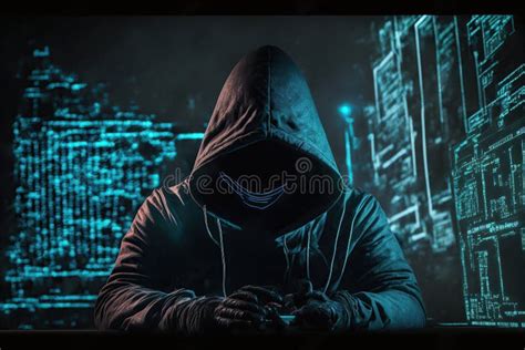 Hacker With Hood And Mask Sitting Next To Computergenerative Ai Stock Illustration