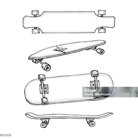 흰색 절연 스케이트 보드의 집합입니다 낙서 롱 보드 페니 보드 손으로 그린 벡터 일러스트입니다 스케이트보드 타기에 대한 스톡