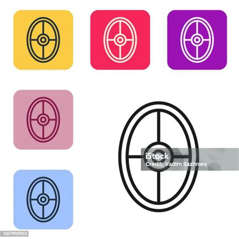 흰색 배경에 고립 된 그리스 장식 아이콘검은 라인 그리스 방패 색상 정사각형 단추로 아이콘을 설정합니다 벡터 검투사에 대한 스톡 벡터 아트 및 기타 이미지 Istock