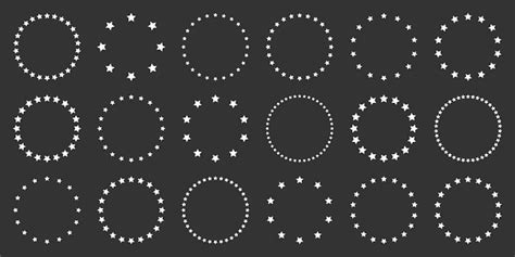 다양한 크기의 하얀 별이 원으로 배열되어 있습니다 둥근 프레임 테두리 검은 별 윤곽선 간단한 기호 디자인 요소 장식품 라인 아트 벡터 일러스트 레이 션 0명에 대한 스톡