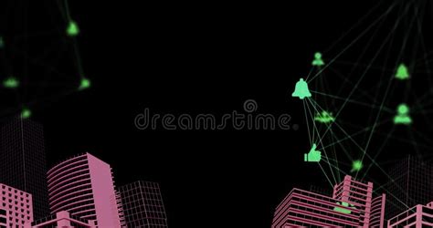 Image Of Digital Network Of Connections With Icons Over Pink 2d Cityscape Model Stock