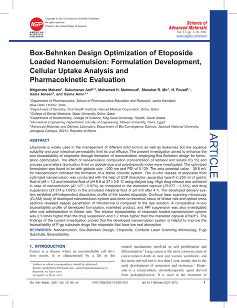 Pdf Science Of Advanced Materials Box Behnken Design Optimization Of