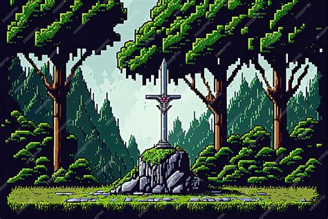 Premium Ai Image Pixel Art Sword Stuck In Stone In Forest Excalibur