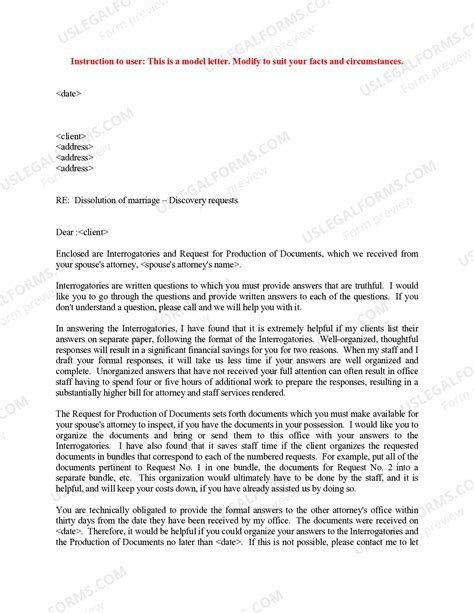 Sample Letter To Client Instructing On Answering Discovery Us Legal Forms
