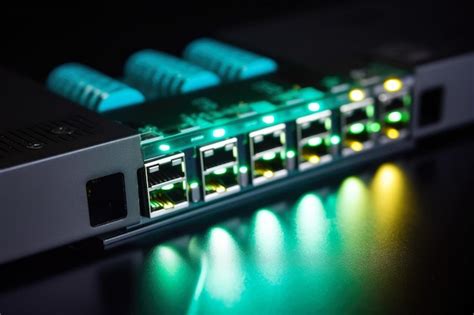 Premium Ai Image Detailed Macro Shot Of Industrial Ethernet Switch In Use With Blinking Leds