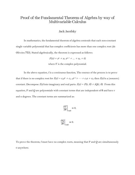 Fundamental Theorem Of Algebra Proof Via Multivariable Calculus