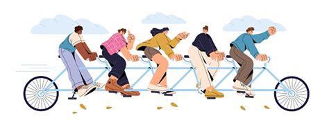 팀워크와 파트너십 개념 사람들은 탠덤 자전거를 함께 타고 공통 자전거로 5 명씩 자전거를 탑니다 노동자 팀은 공동 작업 협력 작업입니다 흰색에 평면 절연 벡터 일러스트 레이