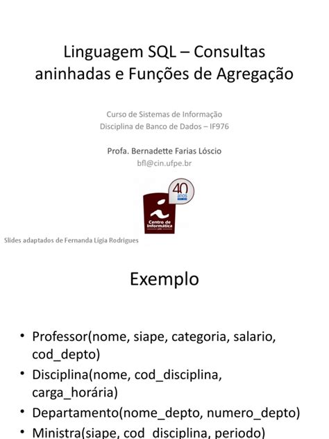Aula Conceitos Básicos De Sql Funções De Agregação E Consultas Aninhadas Pdf Sql Tabela