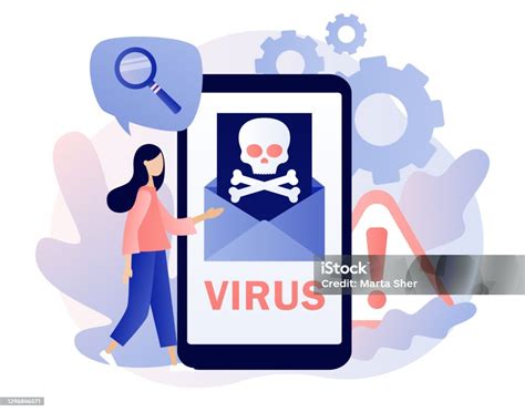 컴퓨터 바이러스 스마트폰 화면에 두개골이 있는 봉투 해커 공격 및 웹 보안 사기 경고 스팸 악성 응용 프로그램 현대 플랫 만화 스타일 흰색 배경의 벡터 그림 개념에 대한