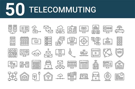 50개의 재택 근무 아이콘 집합입니다 마감일 인트라넷 구성 회의 채팅 상자 채팅 상자 헤드폰과 같은 씬 선 아이콘을 간략하게 설명합니다 아이콘에 대한 스톡 벡터 아트 및