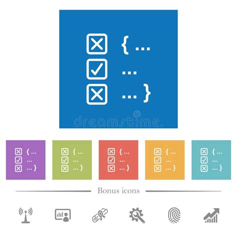 source code checking flat white icons in square backgrounds stock