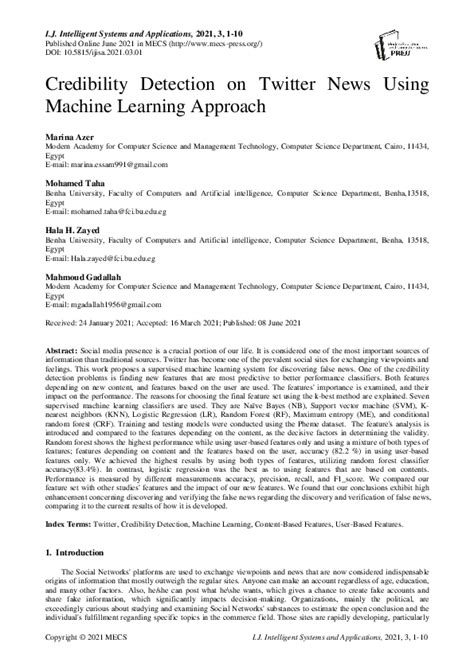 Pdf Credibility Detection On Twitter News Using Machine Learning Approach