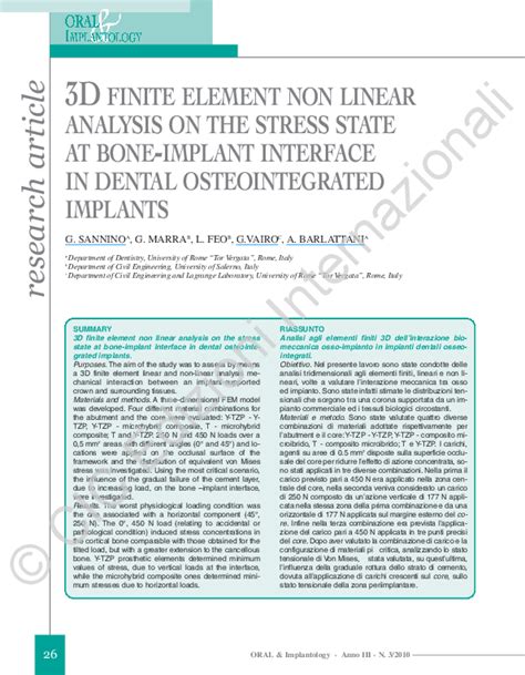 Pdf 3d Finite Element Non Linear Analysis On The Stress State At Bone