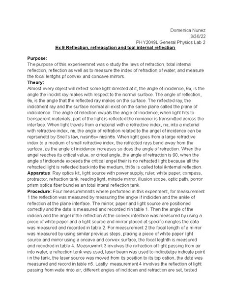 Ex 9 Reflection Refreacytion And Toal Internal Reflection Domenica