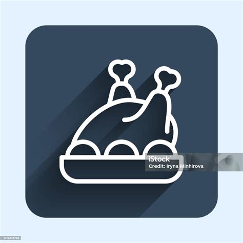 흰색 선 긴 그림자 배경으로 격리된 구운 칠면조 또는 치킨 아이콘 메리 크리스마스와 새해 복 많이 받으세요 파란색 사각형 버튼 벡터 가금류에 대한 스톡 벡터 아트 및 기타