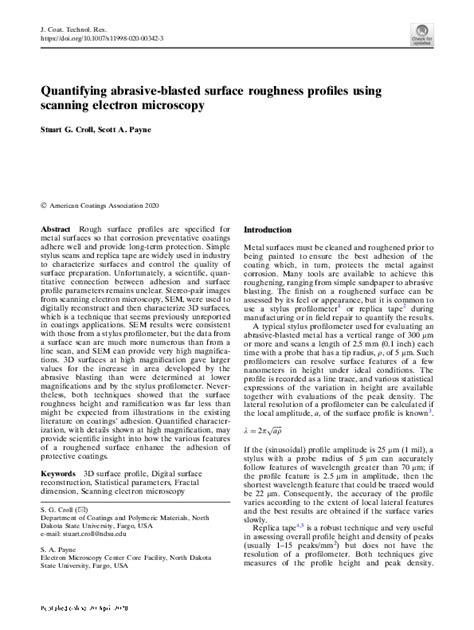 Pdf Quantifying Abrasive Blasted Surface Roughness Profiles Using Scanning Electron Microscopy