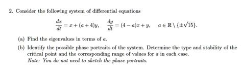 Solved Consider The Following System Of Differential Equations Dx Dy I A 4 Y 4 A R Y