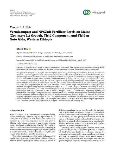(PDF) Vermicompost and NPSZnB Fertilizer Levels on Maize (Zea mays L.) Growth, Yield Component ...