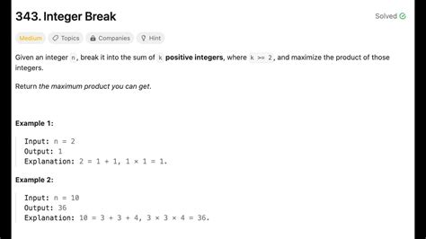 Leetcode 343 Integer Break Daily Leetcode 6th Oct 2023 Youtube