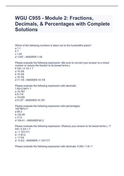 WGU C Module Fractions Decimals Percentages With Complete Solutions WGU C