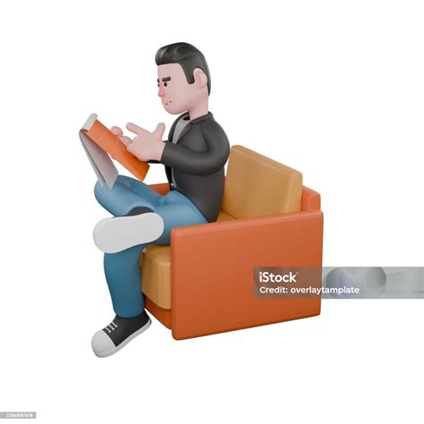 시나리오 작가 3d 모델 한 남성 시나리오 작가가 오른쪽 다리를 왼쪽 다리 위에 교차시킨 채 소파에 앉아 오른손은 음표를 들고 왼손은 들고 있는 쪽지를 가리키고 있다 만화