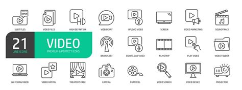 비디오 라인 아이콘 세트 자막 화상 채팅 필름 스트립 비디오 등급 티터 스테이지 필름 릴 카메라 프로젝터 등과 같은 아이콘이 포함되어 있습니다 Performing Arts