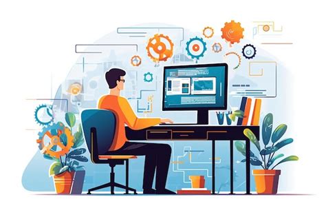 Premium Vector Man Programming At Computer Desktop