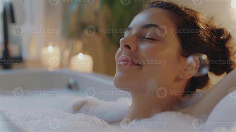 Serene Self Care Young Woman Indulging In A Luxurious Bubble Bath With