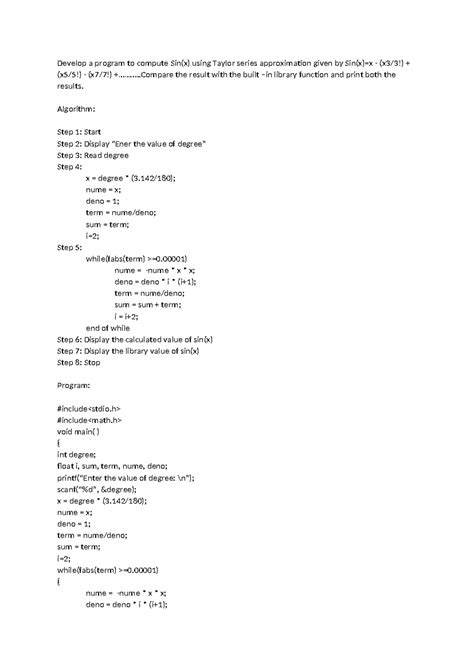 Taylor Series Lab Programs Develop A Program To Compute Sin X Using Taylor Series