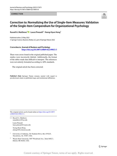 Correction To Normalizing The Use Of Single‑item Measures Validation
