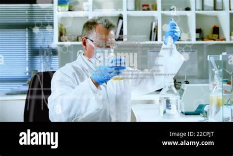 Animation Of Data Processing And Chemical Formula Over Caucasian Male Scientist Taking Sample