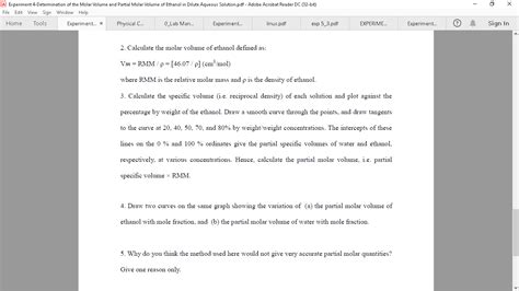 Solved х Experiment 4 Determination of the Molar Volume Chegg com
