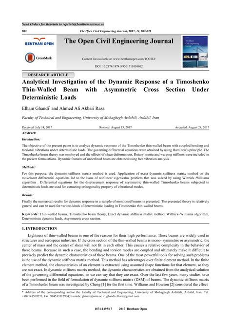 Pdf Analytical Investigation Of The Dynamic Response Of A Timoshenko Thin Walled Beam With