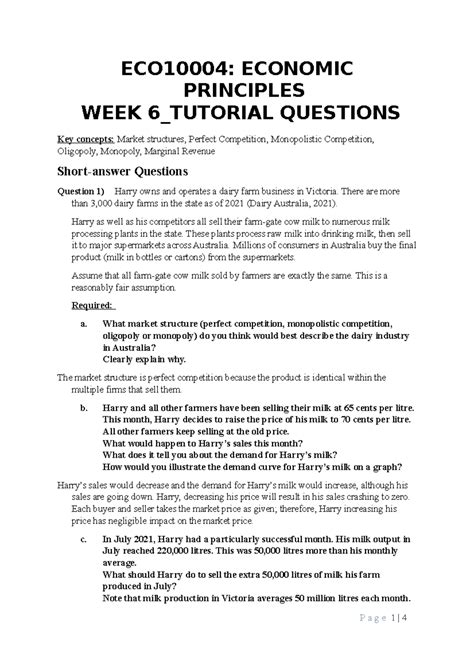 Week Tutorial Questions ECO ECONOMIC PRINCIPLES WEEK TUTORIAL QUESTIONS Key Concepts