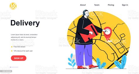 배달 서비스 웹 배너 개념 남자 택배는 핀 위치 방문 페이지 템플릿지도에 소포의 주문 온라인 추적 상자를 보유하고 있습니다 플랫