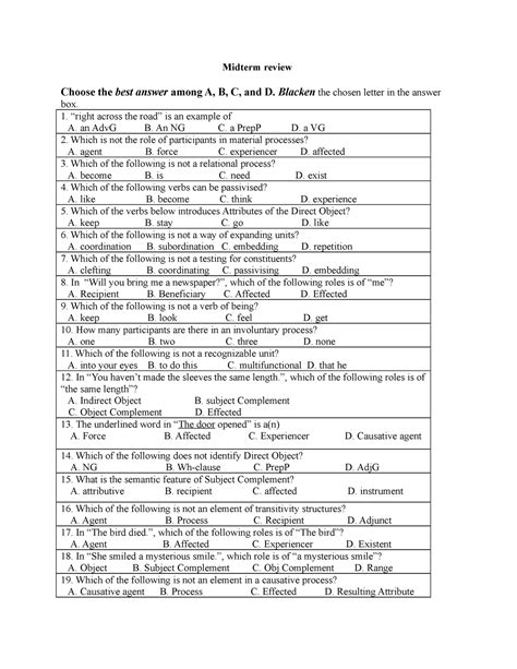 Midterm Review Exercise Midterm Review Choose The Best Answer Among A