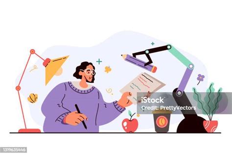 팀 컨셉으로 로봇 어시스턴트와 함께 일하는 남자 노동자 캐릭터 벡터 플랫 만화 현대 스타일 그래픽 일러스트 자동화에 대한 스톡