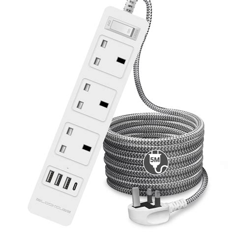Buy IBlockCube3 Way Extension Lead With 3 USB A Slots And 1 USB C Slots Braided Power Strip Cord